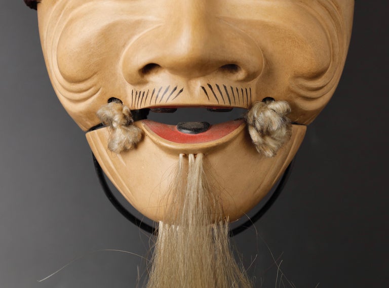Japanese Okina Noh Mask Old Male with Long White Beard Expressing ...