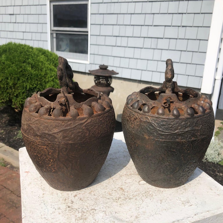 Japanese Pair Antique Iron Root Handled Hanging Flower Vases, 19th ...