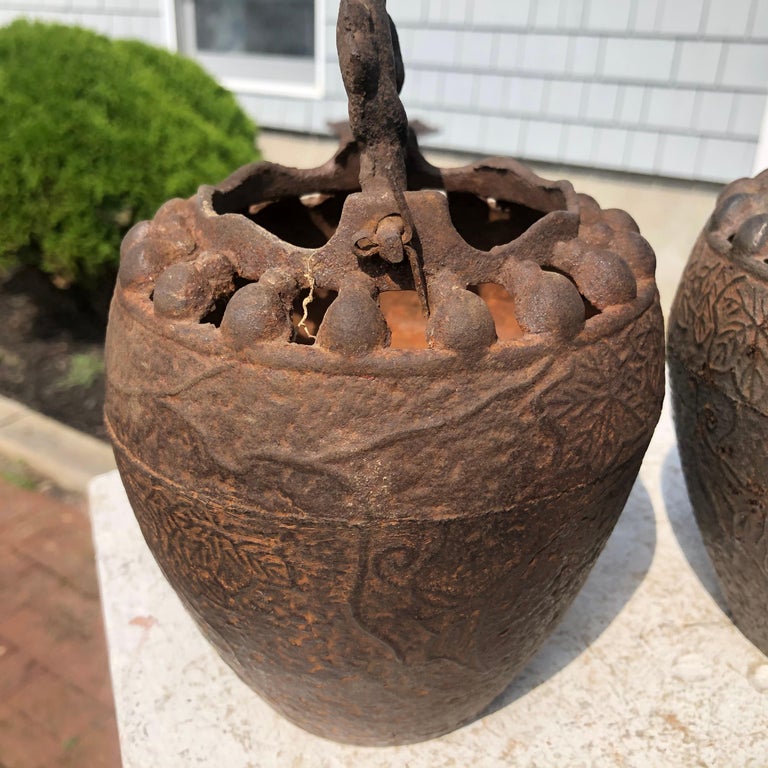 Japanese Pair Antique Iron Root Handled Hanging Flower Vases, 19th ...