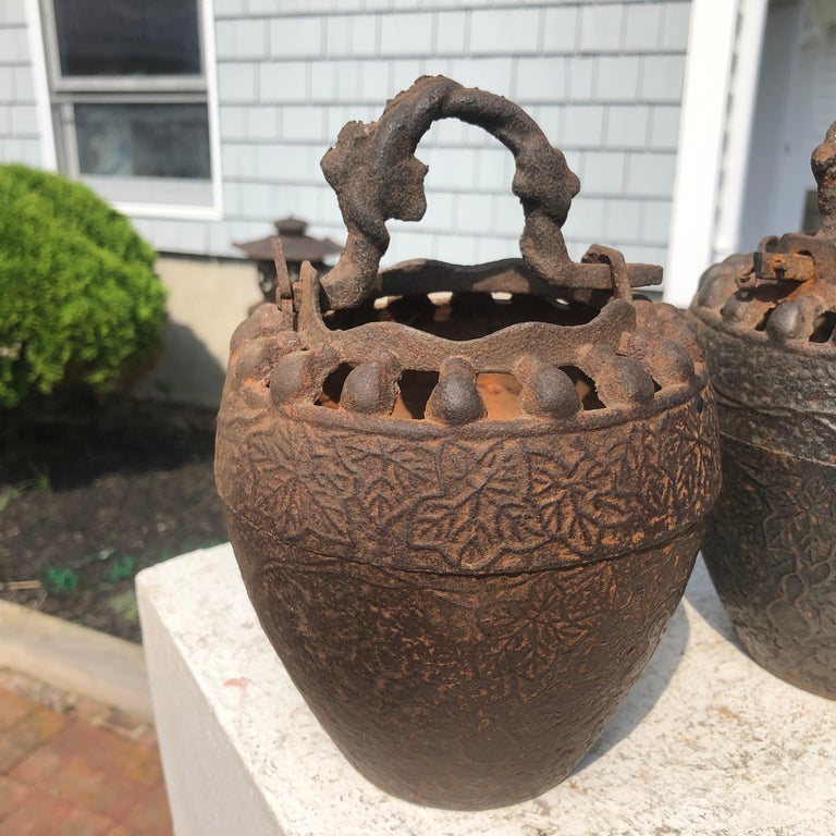 Japanese Pair Antique Iron Root Handled Hanging Flower Vases, 19th ...