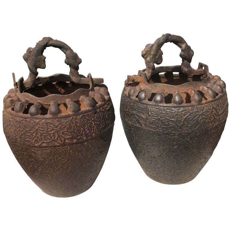 Japanese Pair Antique Iron Root Handled Hanging Flower Vases, 19th ...
