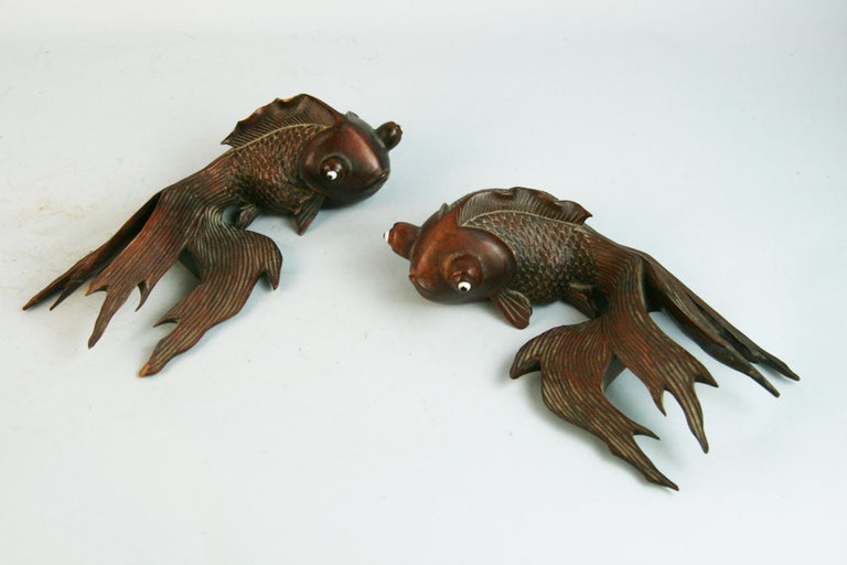 Japanese Pair Hand Carved Wood Koi Fish For Sale at 1stDibs