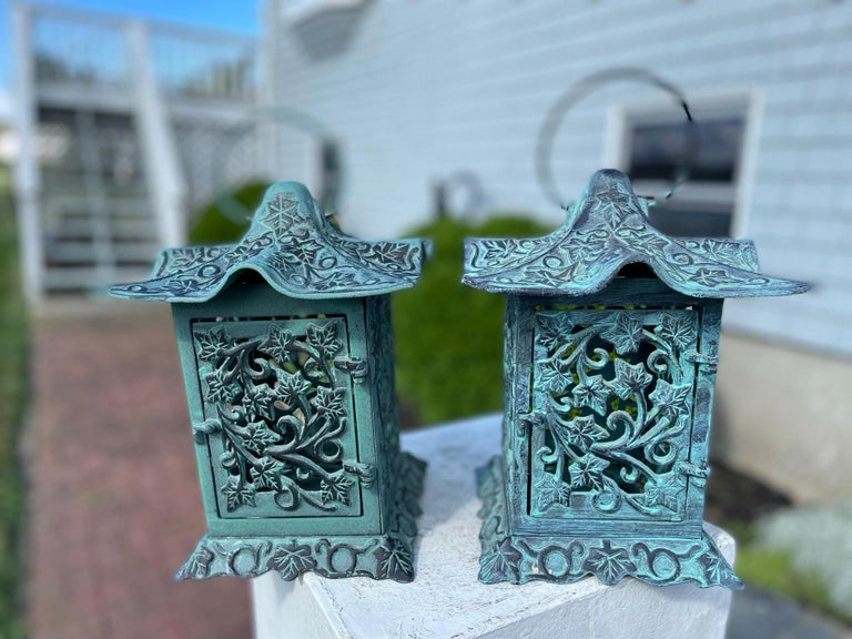 Japanese Pair Old Blue Green Garden Leaf Lighting Lanterns For Sale at ...