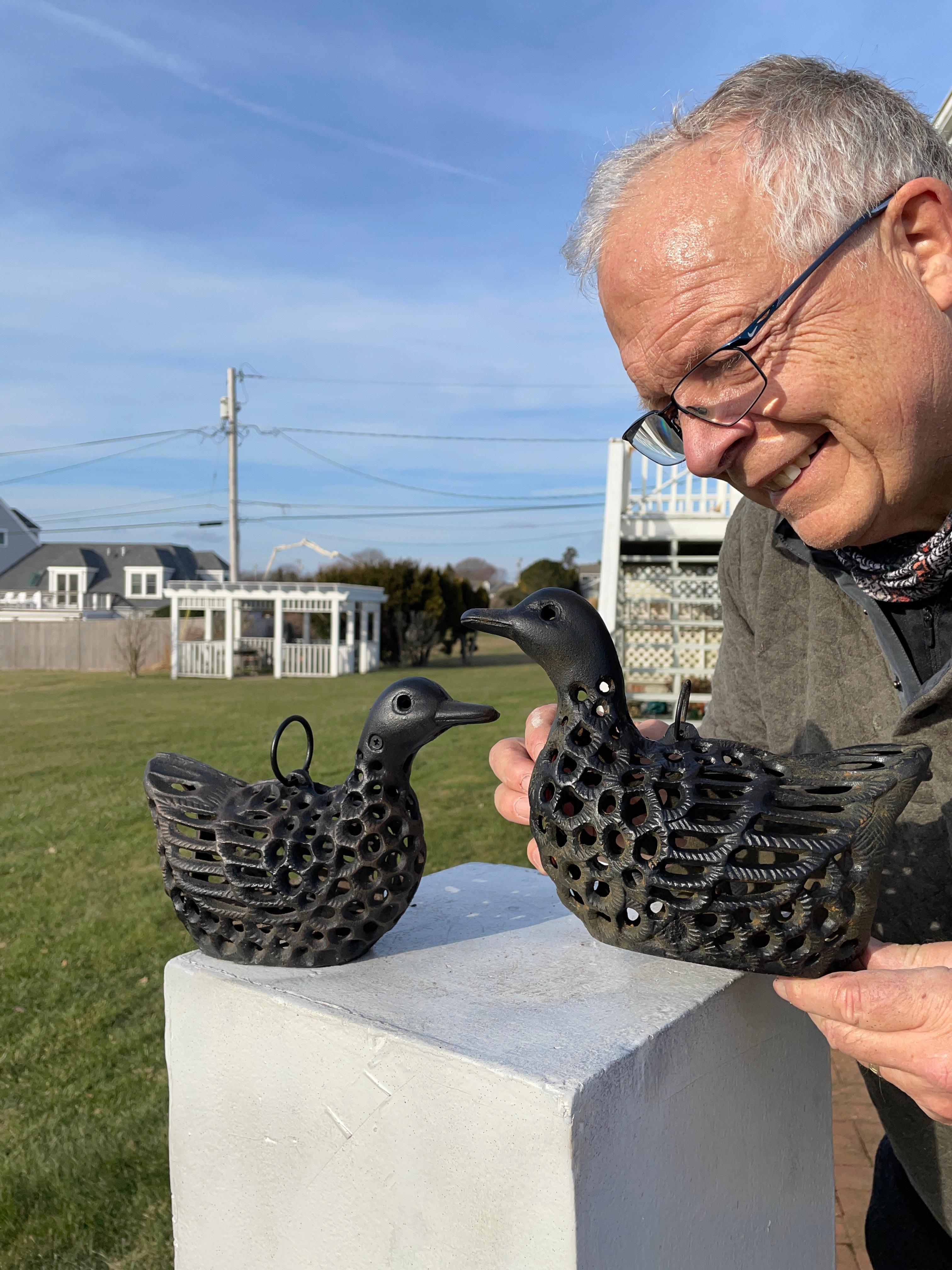 Japanese Pair Old Serene Swimming Duck Decoy Garden Lighting Lanterns ...