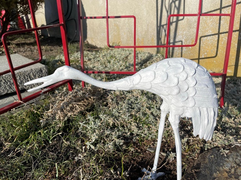 Japanese Pair Old White Hand Cast Garden Cranes For Sale at 1stDibs