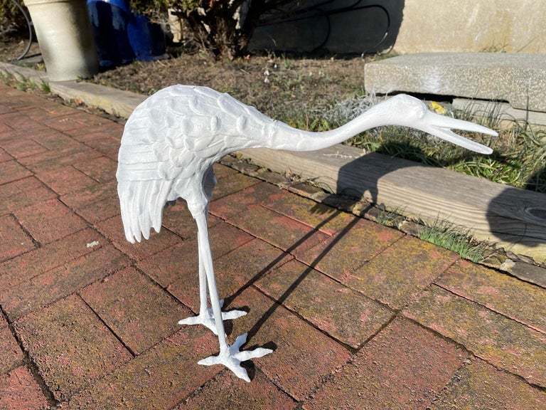 Japanese Pair Old White Hand Cast Garden Cranes For Sale at 1stDibs