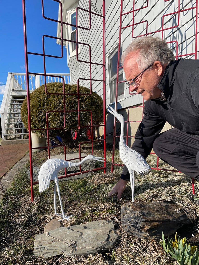 Japanese Pair Old White Hand Cast Garden Cranes For Sale at 1stDibs