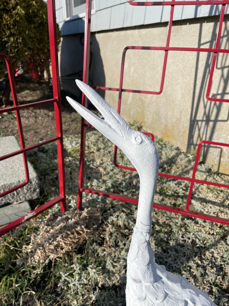 Japanese Pair Old White Hand Cast Garden Cranes For Sale at 1stDibs