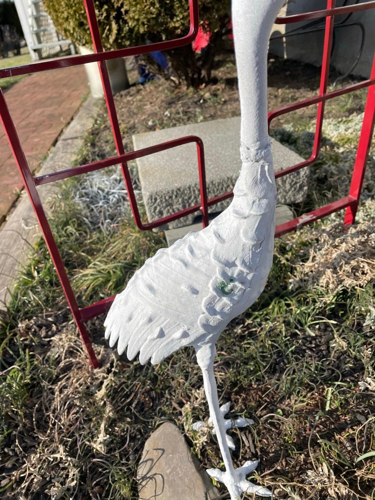 Japanese Pair Old White Hand Cast Garden Cranes For Sale at 1stDibs