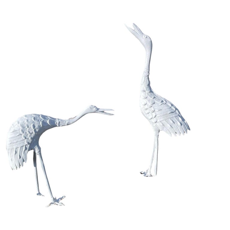 Japanese Pair Old White Hand Cast Garden Cranes For Sale at 1stDibs