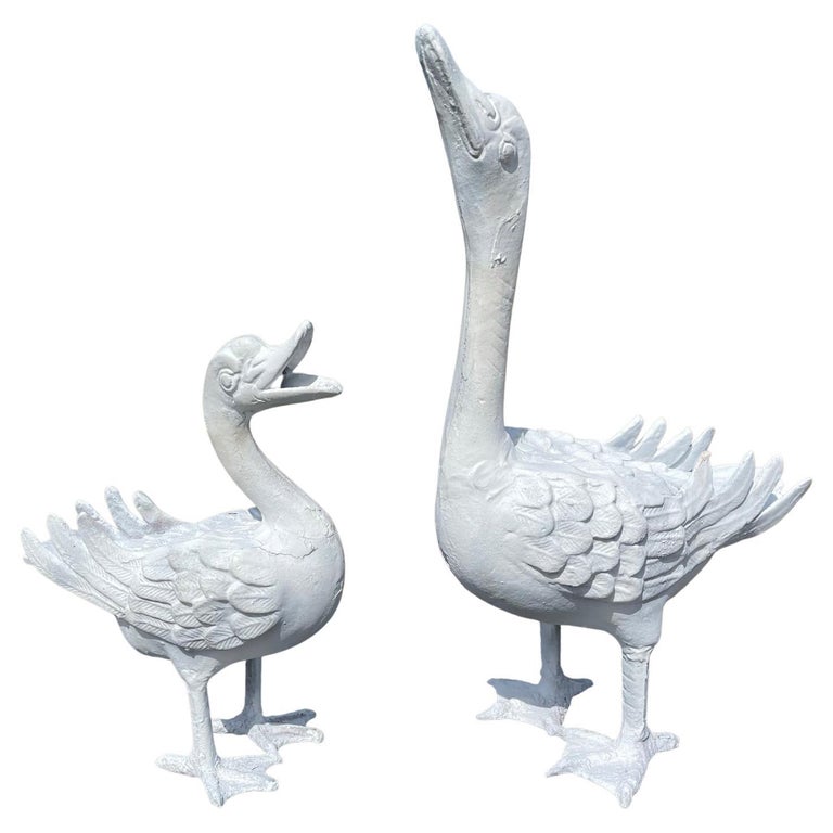 Japanese Pair Old White Hand Cast Garden Ducks For Sale at 1stDibs