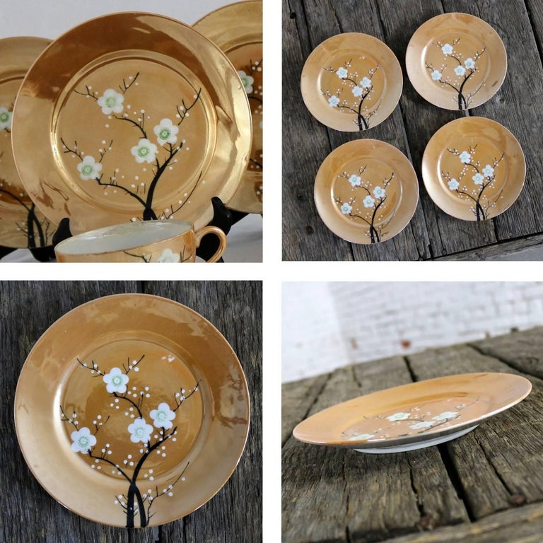 Japanese Peach Lusterware Cherry Blossom Design Luncheon Set for Four ...