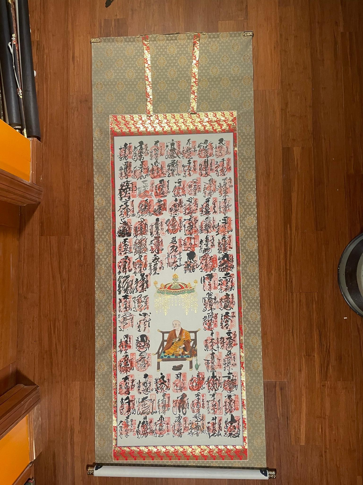 Japanese Pilgrimage Silk Scroll Lohan Buddha Brilliant Colors at 1stDibs