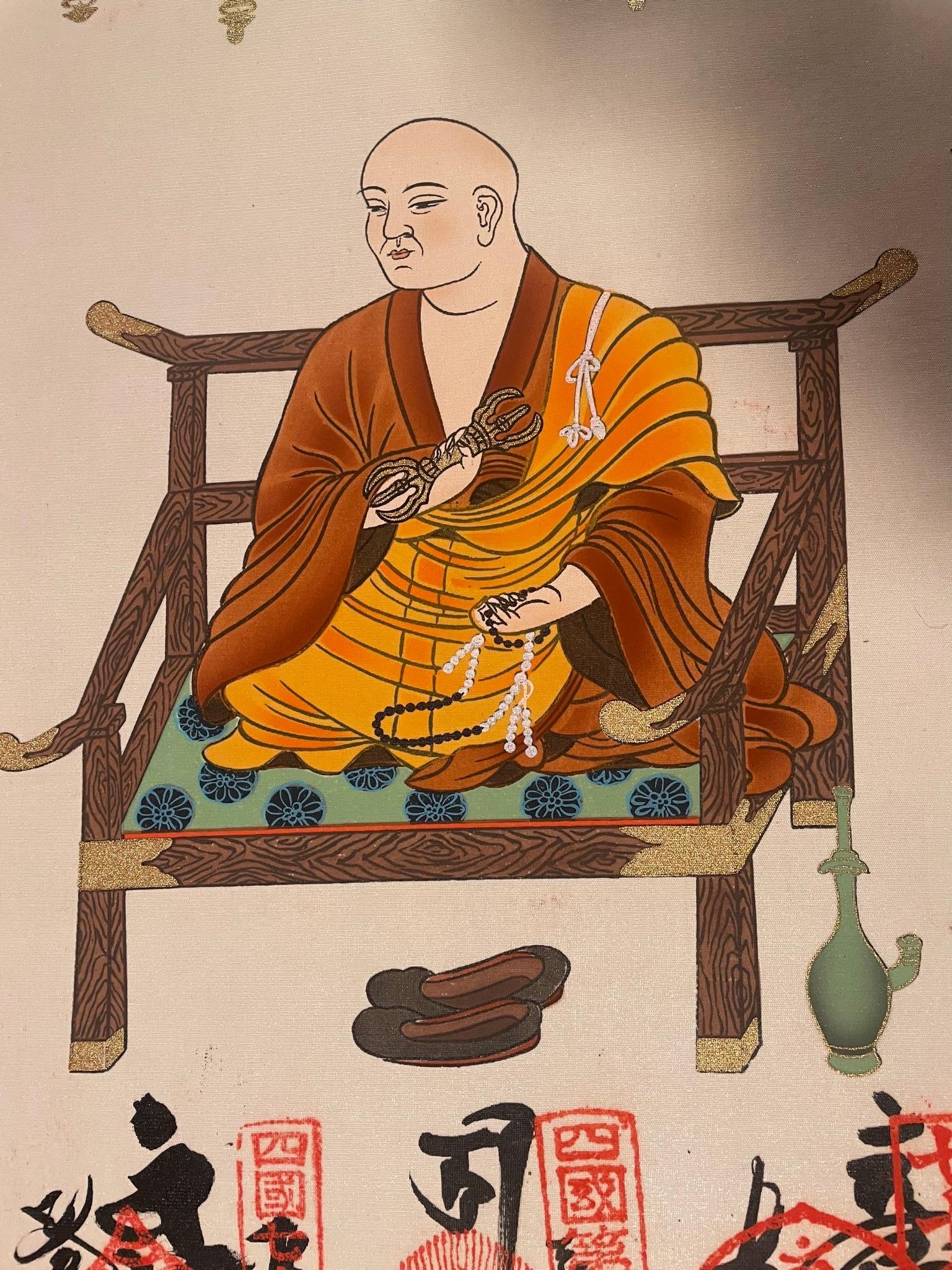 Japanese Pilgrimage Silk Scroll Lohan Buddha Brilliant Colors at 1stDibs