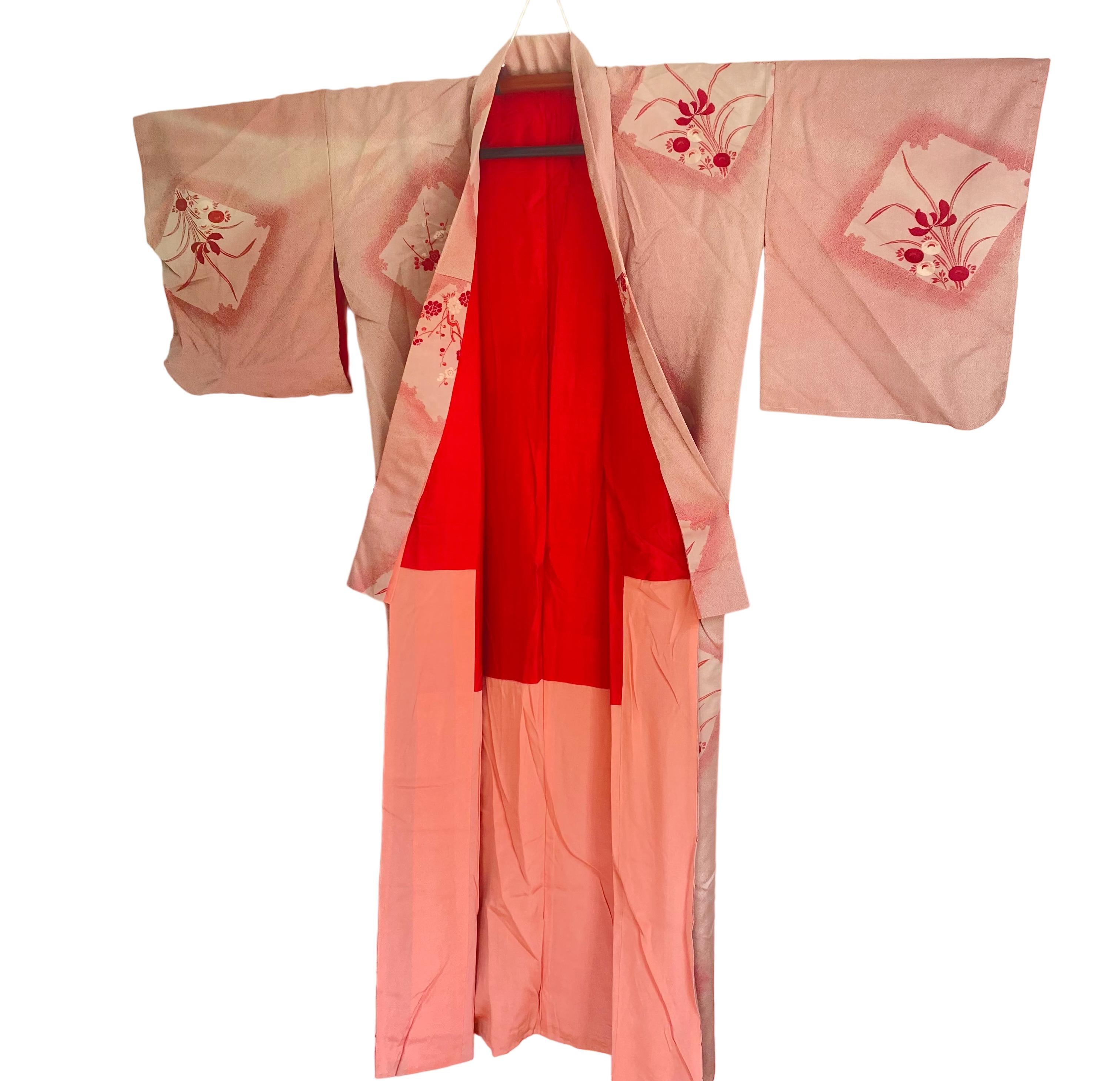 Japanese red peach silk brocade Sakura Kimono - Vintage For Sale at ...