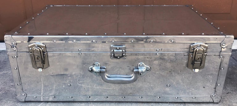 Japanese Post War Aluminum Riveted Trunk on Iron Stand with Glass Top ...