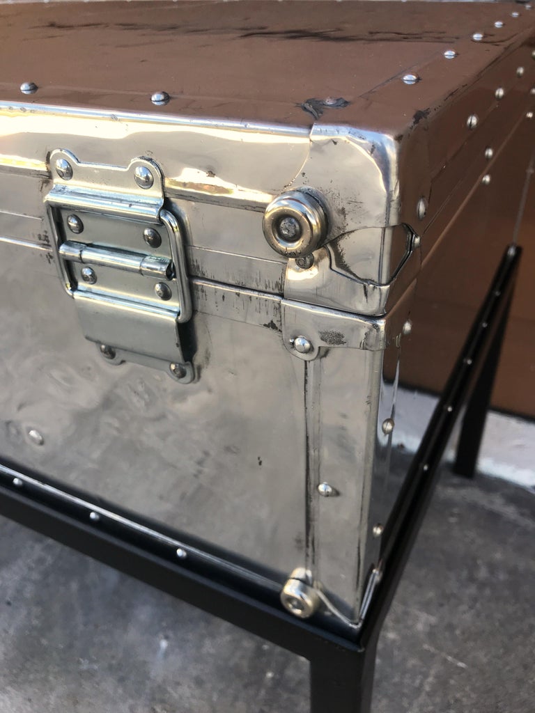 Japanese Post War Aluminum Riveted Trunk on Iron Stand with Glass Top ...