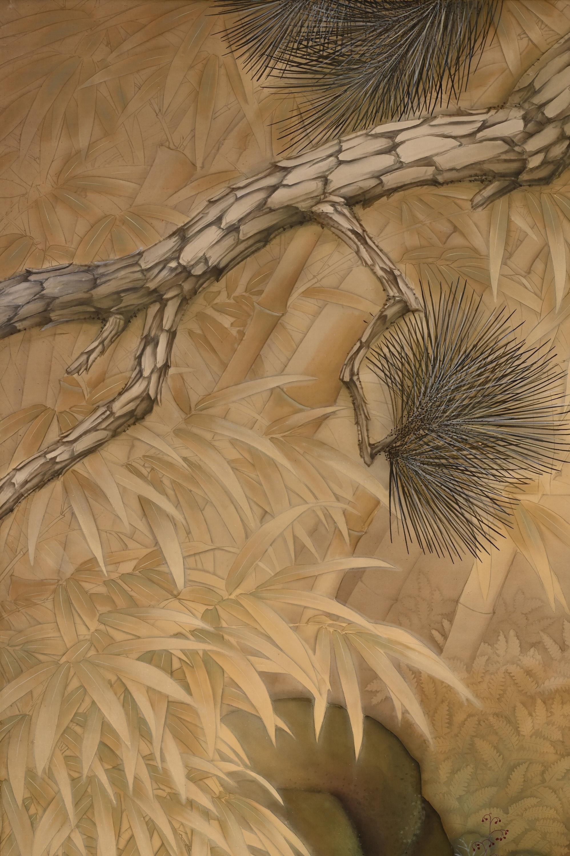 Japanese Screen. Taisho era Circa 1920. Pheasant in Deep Forest. Color ...