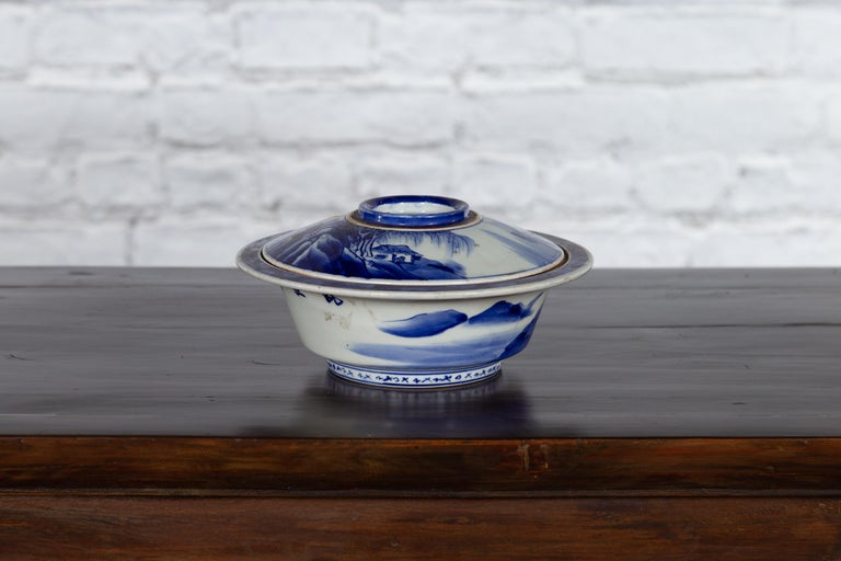 Japanese Seto Porcelain Vegetable Bowl with Hand-Painted Blue and White ...