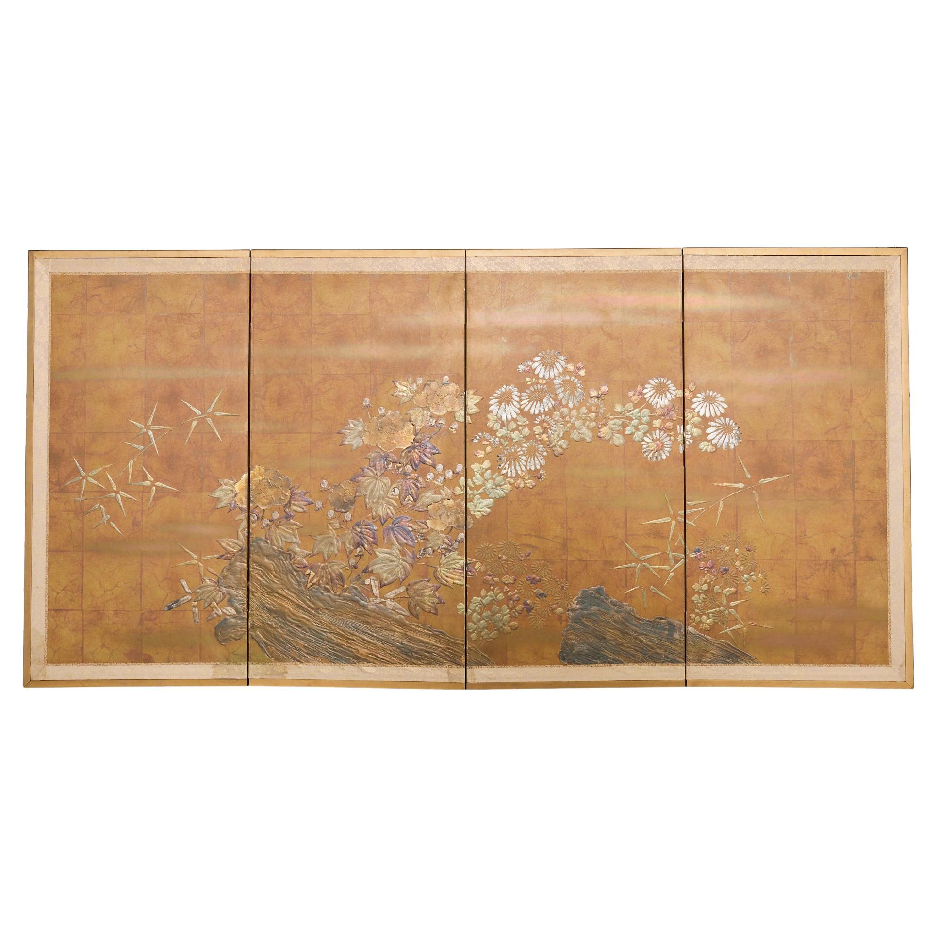 Japanese Showa Four Panel Screen Nanban Ship on Gilt For Sale at 1stDibs