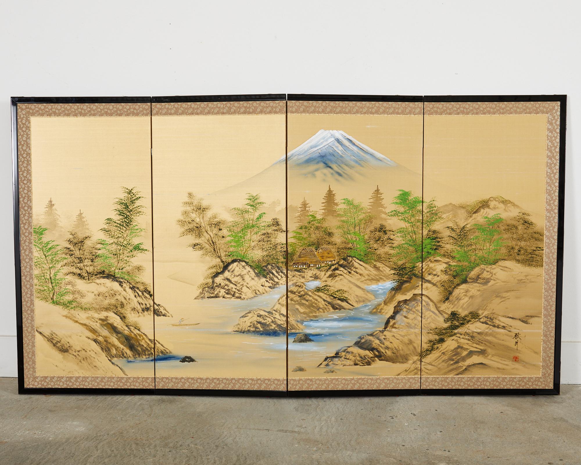 Japanese Showa Four Panel Screen Mount Fuji Landscape For Sale at 1stDibs