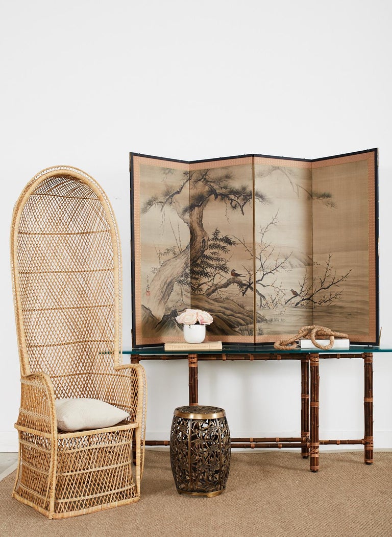 Japanese Showa Four Panel Screen Three Friends of Winter at 1stDibs