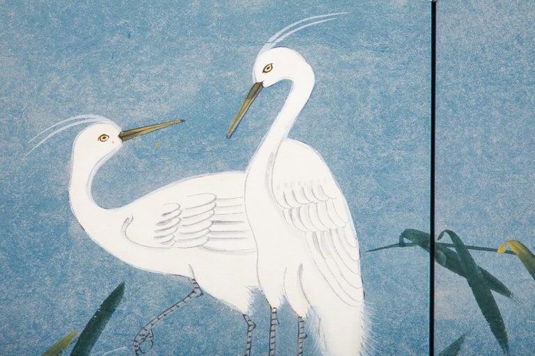 Japanese Showa Period Four Panel Screen Heron Landscape at 1stDibs
