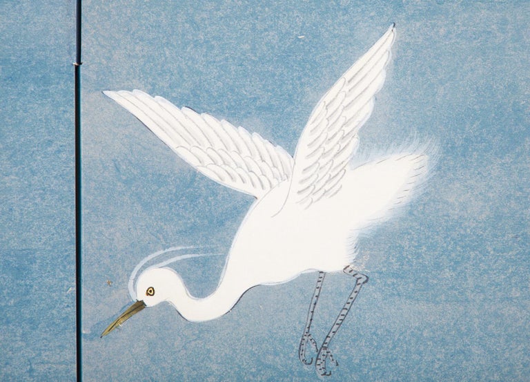 Japanese Showa Period Four Panel Screen Heron Landscape at 1stDibs