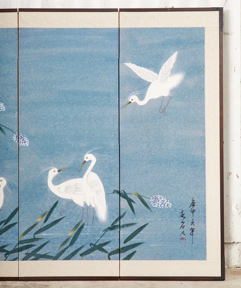 Japanese Showa Period Four Panel Screen Heron Landscape at 1stDibs