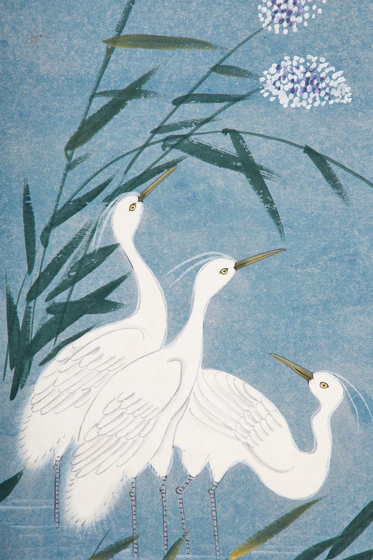 Japanese Showa Period Four Panel Screen Heron Landscape at 1stDibs
