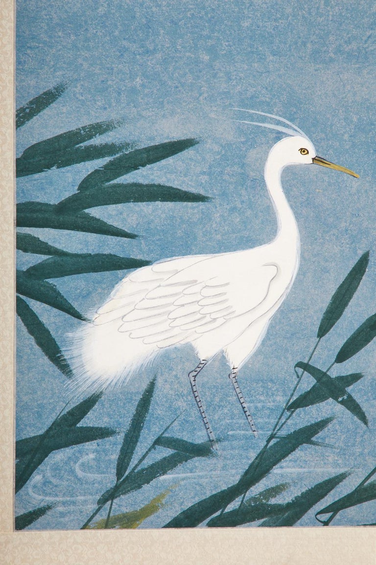 Japanese Showa Period Four Panel Screen Heron Landscape at 1stDibs