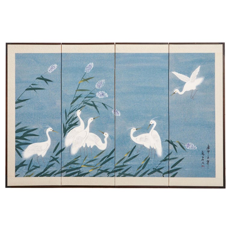 Japanese Showa Period Four Panel Screen Heron Landscape at 1stDibs