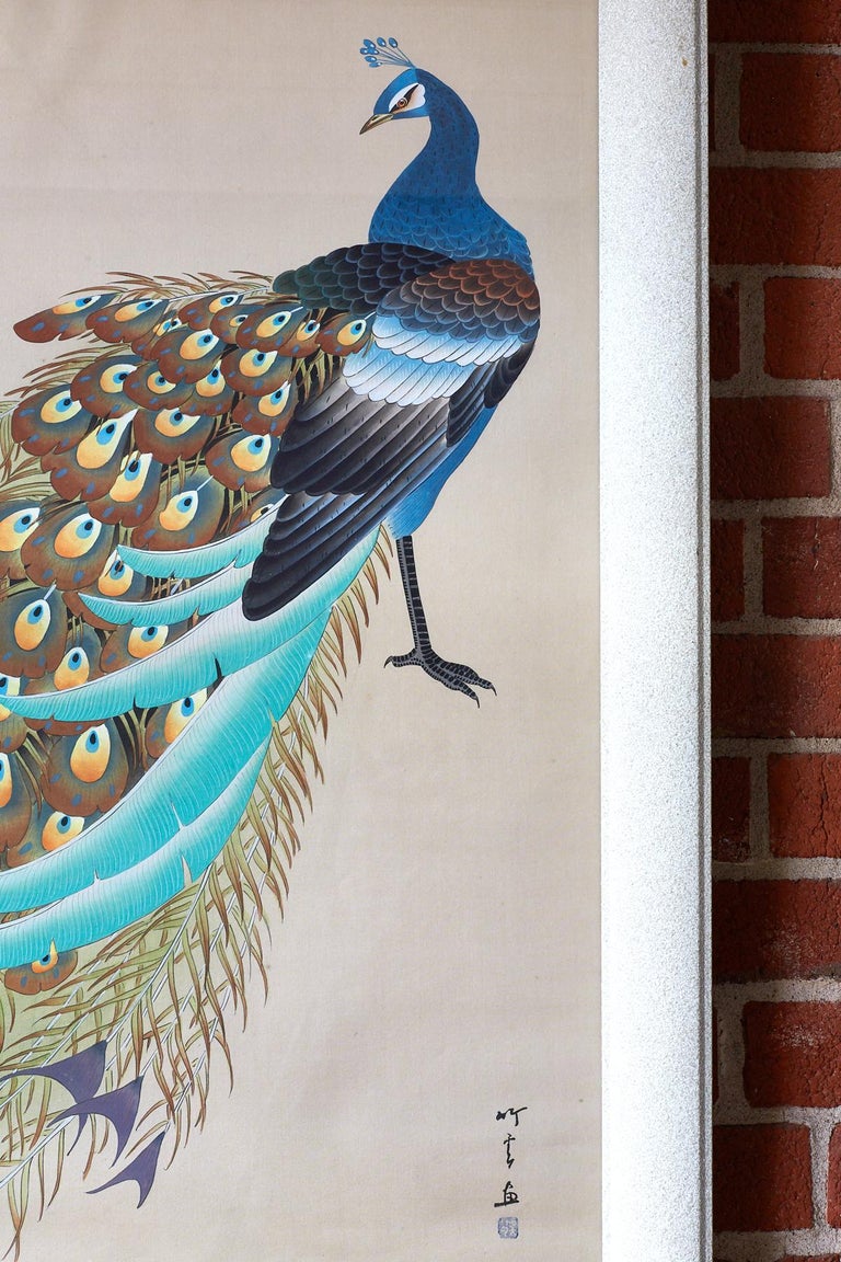 Japanese Showa Period Peacocks Painted on Silk For Sale at 1stDibs