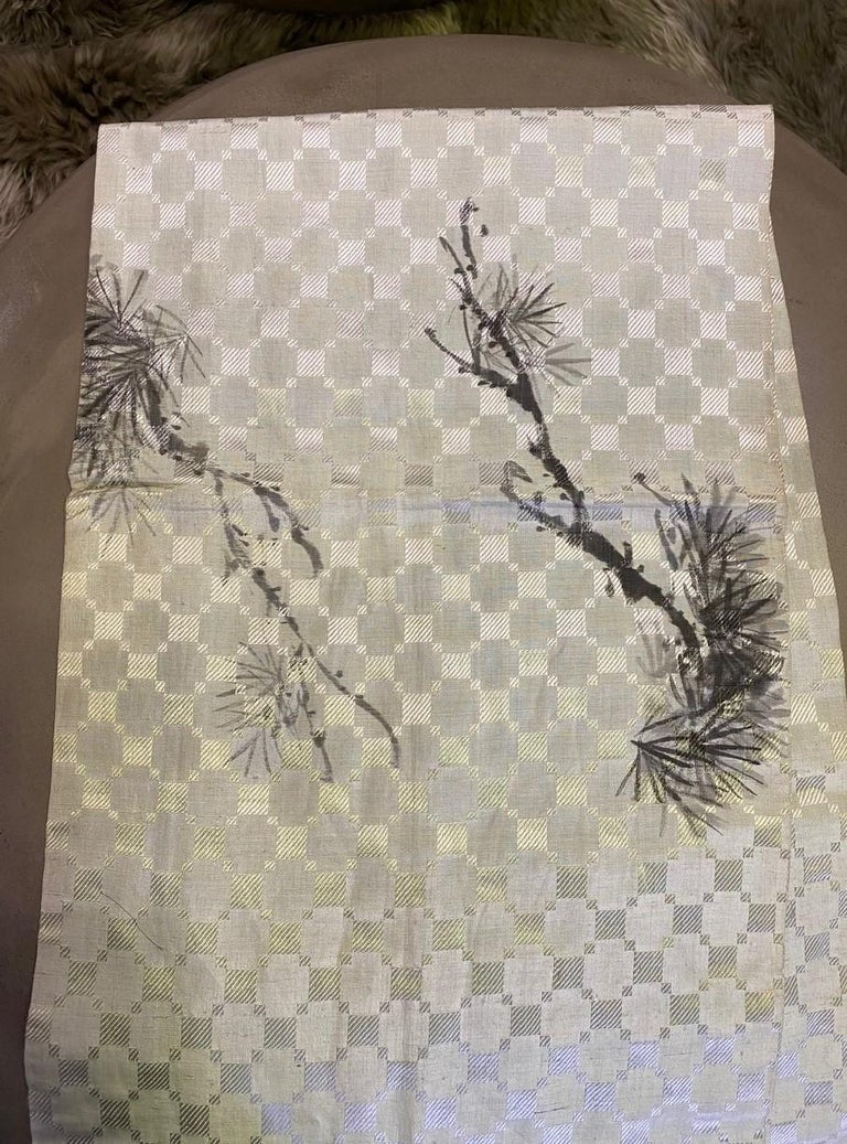 Japanese Signed Stamped Hand Drawn Silk Obi Sash Belt with Crow, Mid ...
