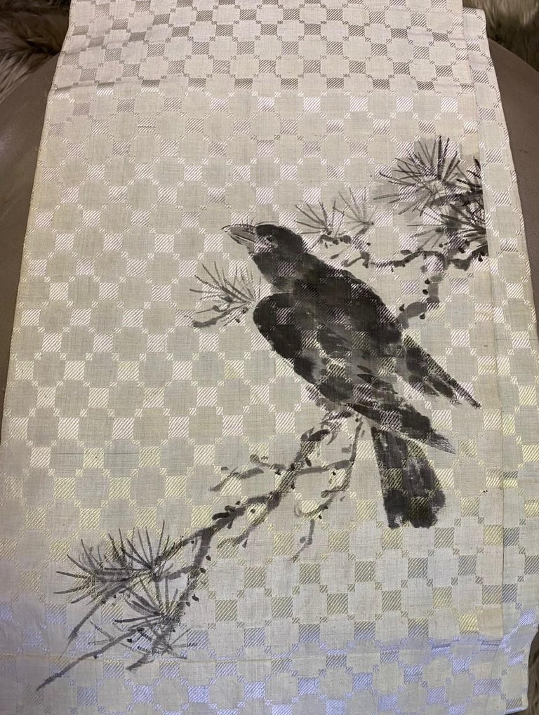Japanese Signed Stamped Hand Drawn Silk Obi Sash Belt with Crow, Mid ...