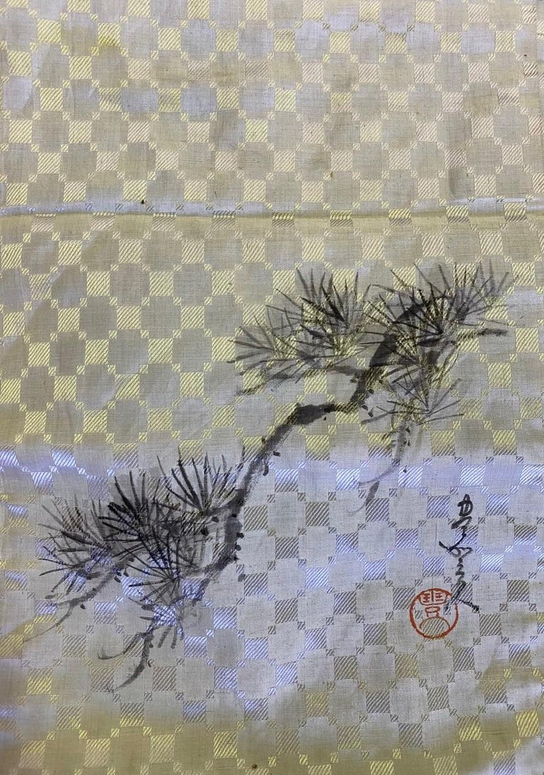 Japanese Signed Stamped Hand Drawn Silk Obi Sash Belt with Crow, Mid ...
