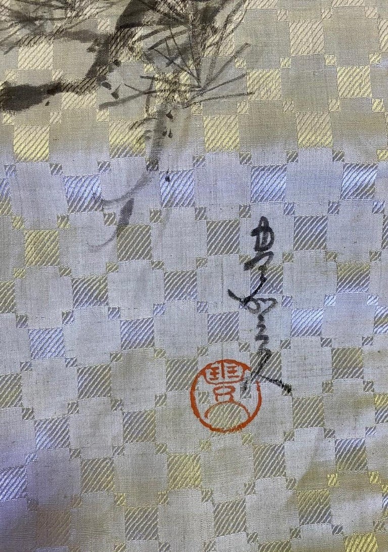 Japanese Signed Stamped Hand Drawn Silk Obi Sash Belt with Crow, Mid ...