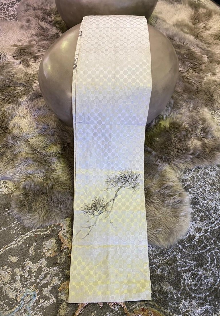 Japanese Signed Stamped Hand Drawn Silk Obi Sash Belt with Crow, Mid ...
