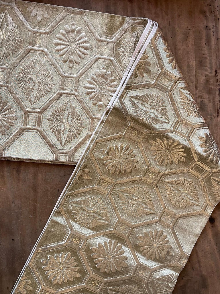 Japanese Silk Obi Kimono Belt /Table runner 1970s Gold Two Cranes For ...