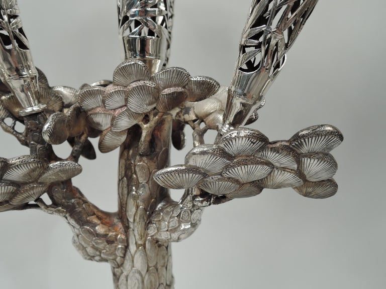 Japanese Silver Bonsai Tree Epergne with Bamboo Vases and Crane Figures ...