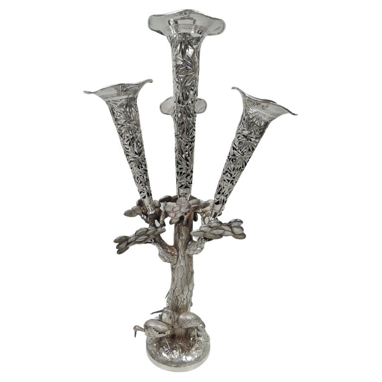Japanese Silver Bonsai Tree Epergne with Bamboo Vases and Crane Figures ...