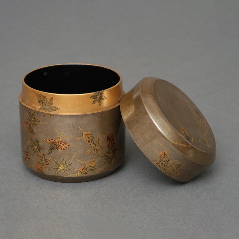 Japanese Silver Lacquer Tea Caddy 棗 'Natsume' with Autumn Leaves 椛 'Momiji' For Sale at 1stDibs