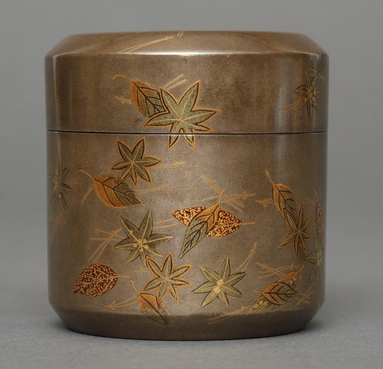 Japanese Silver Lacquer Tea Caddy 棗 'Natsume' with Autumn Leaves 椛 'Momiji' For Sale at 1stDibs