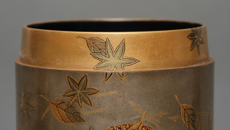Japanese Silver Lacquer Tea Caddy 棗 'Natsume' with Autumn Leaves 椛 ...