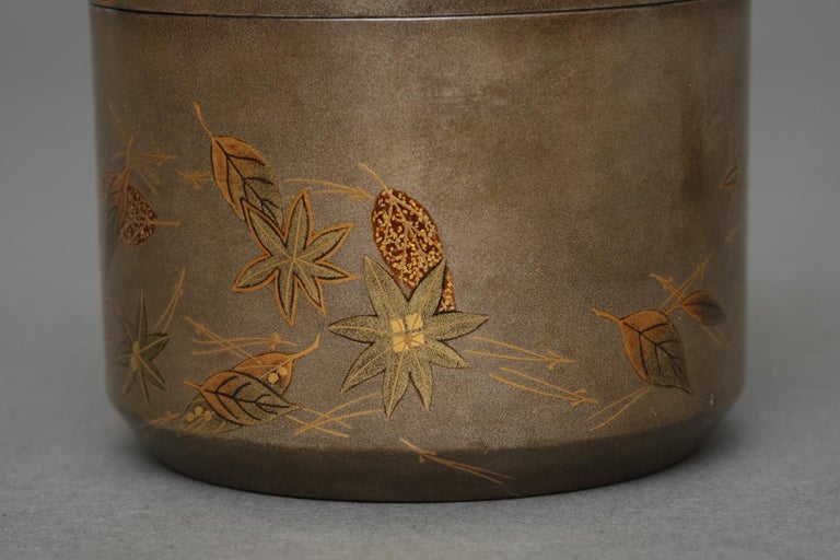 Japanese Silver Lacquer Tea Caddy 棗 'Natsume' with Autumn Leaves 椛 'Momiji' For Sale at 1stDibs