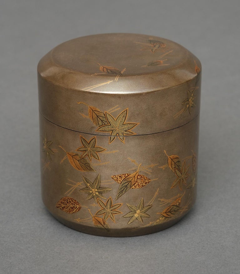 Japanese Silver Lacquer Tea Caddy 棗 'Natsume' with Autumn Leaves 椛 ...
