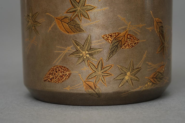 Japanese Silver Lacquer Tea Caddy 棗 'Natsume' with Autumn Leaves 椛 ...