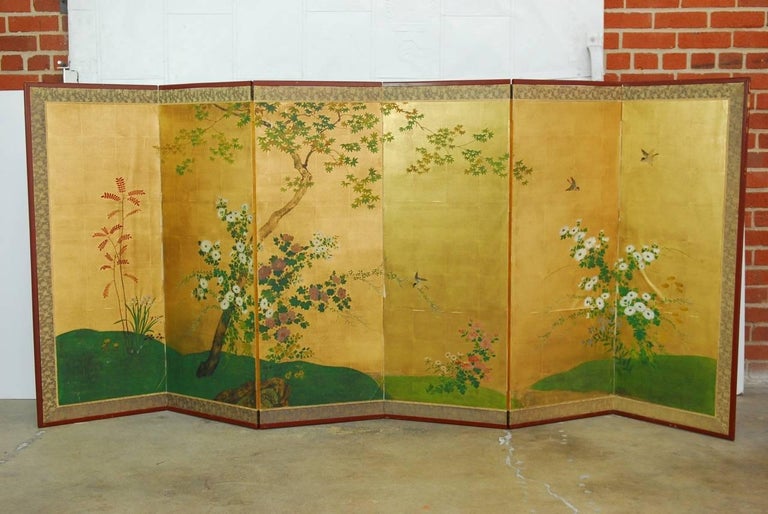 Japanese Six-Panel Byobu Screen Spring Floral and Fauna at 1stdibs