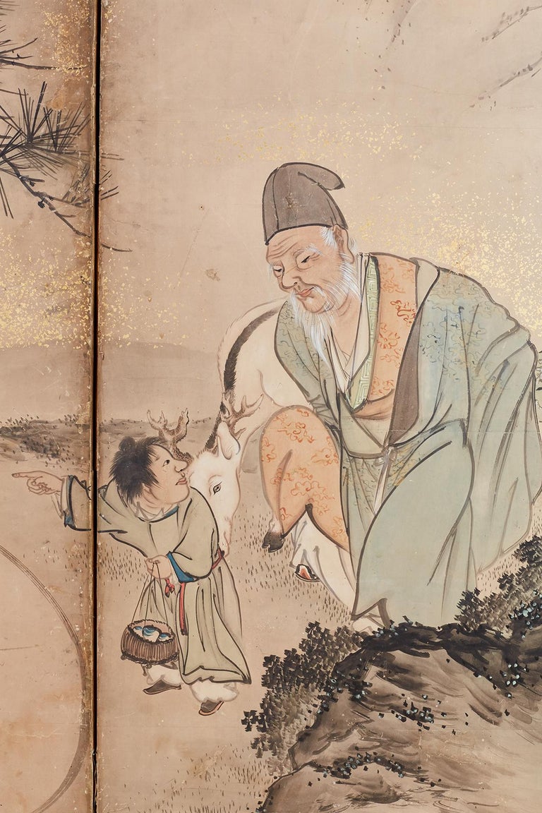 Japanese Six-Panel Edo Screen of Immortals with Children at 1stDibs