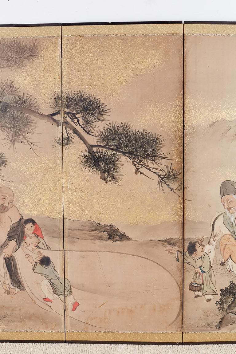 Japanese Six-Panel Edo Screen of Immortals with Children at 1stDibs